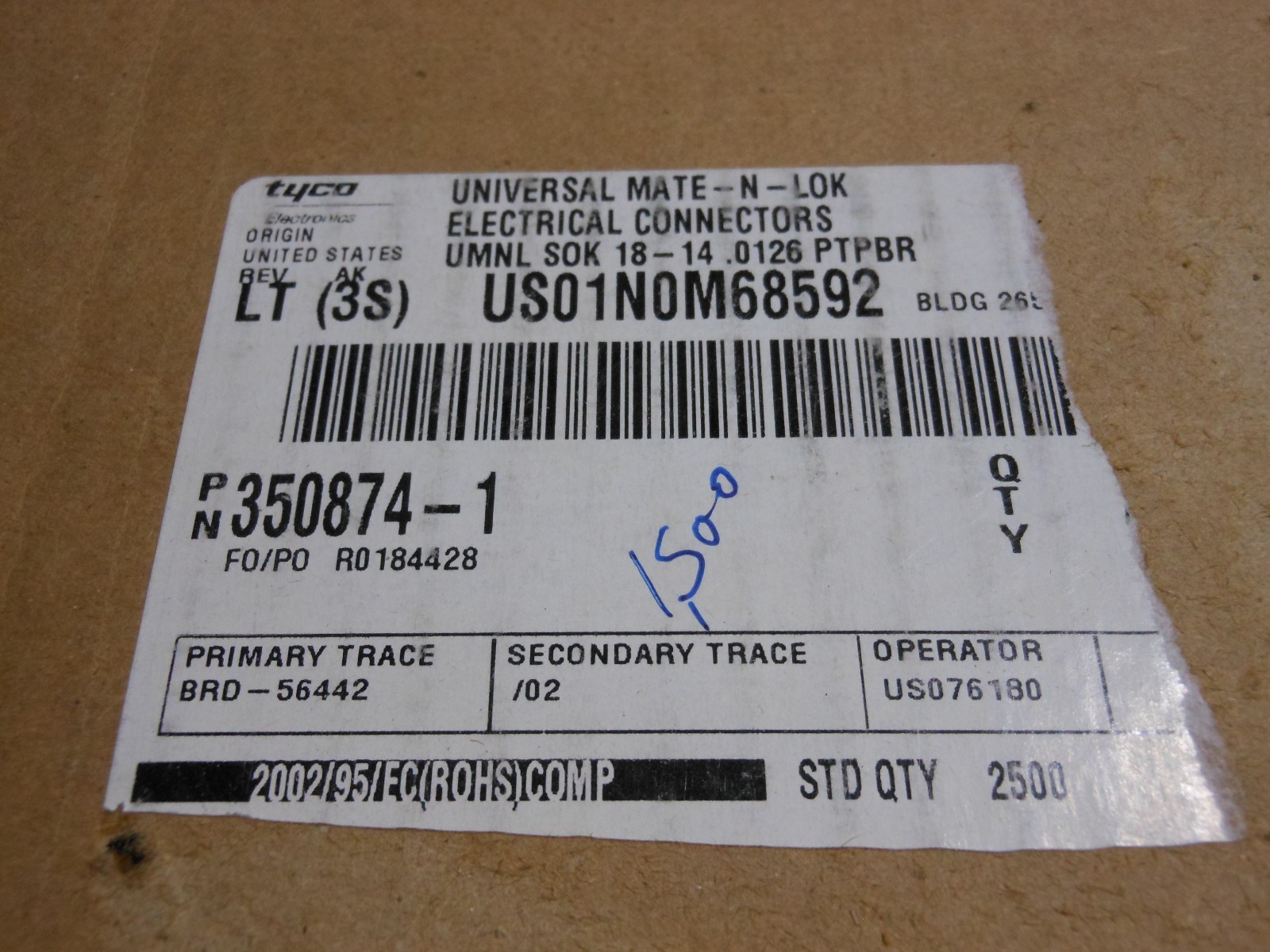 TYCO SOCKET CRIMP 14 AWG TIN PLATED CONTACT # 350874-1 (PARTIAL REEL OF ...