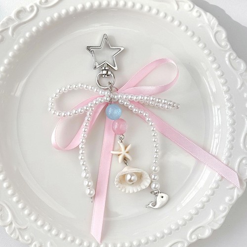 Pink Ribbon Bow Bag Pendant Pearl Shell Keychain Pendant Girly Heart ...