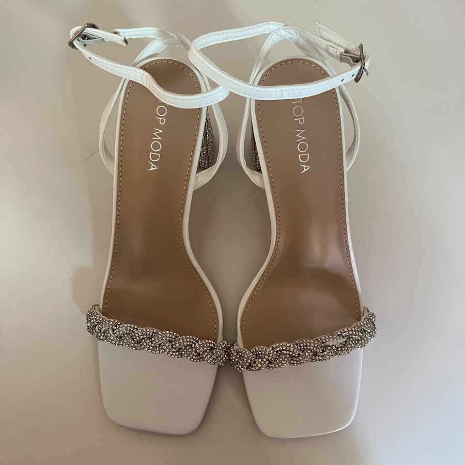 TOP GUY SHOES "April" Rhinestone Ankle Strap Sandal - Sz 8.5 - White ...