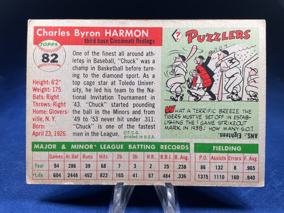1955 Topps Baseball Card Chuck Harmon #82 Cincinnati Redlegs | eBay