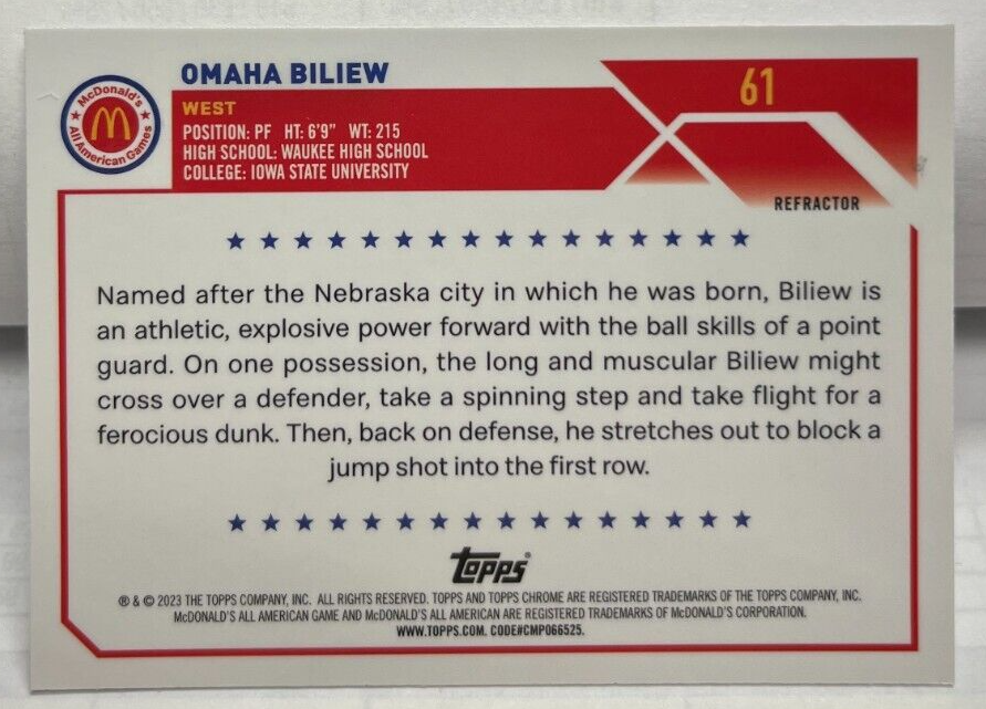 Omaha Biliew 2023 Topps Chrome McDonalds Refractor SP #61 - IOWA STATE ...