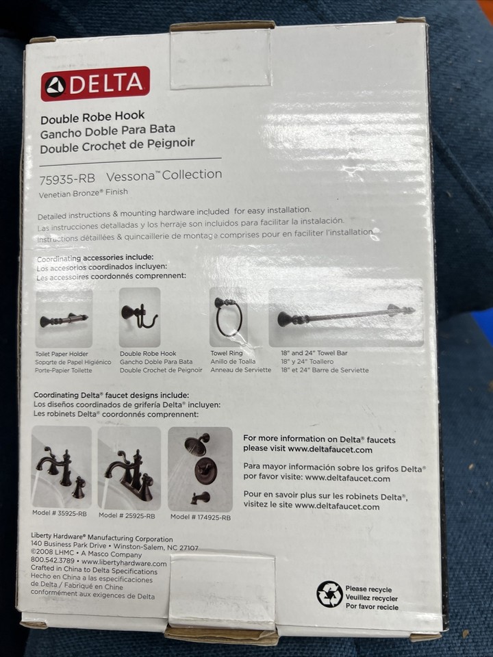 Delta Double Robe Hook Vessona Collection 75935-RB Venetian Bronze New ...