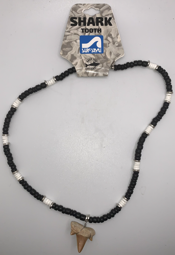 Surf Style Shark Tooth Surfer Necklace Black Silver White Beads ...