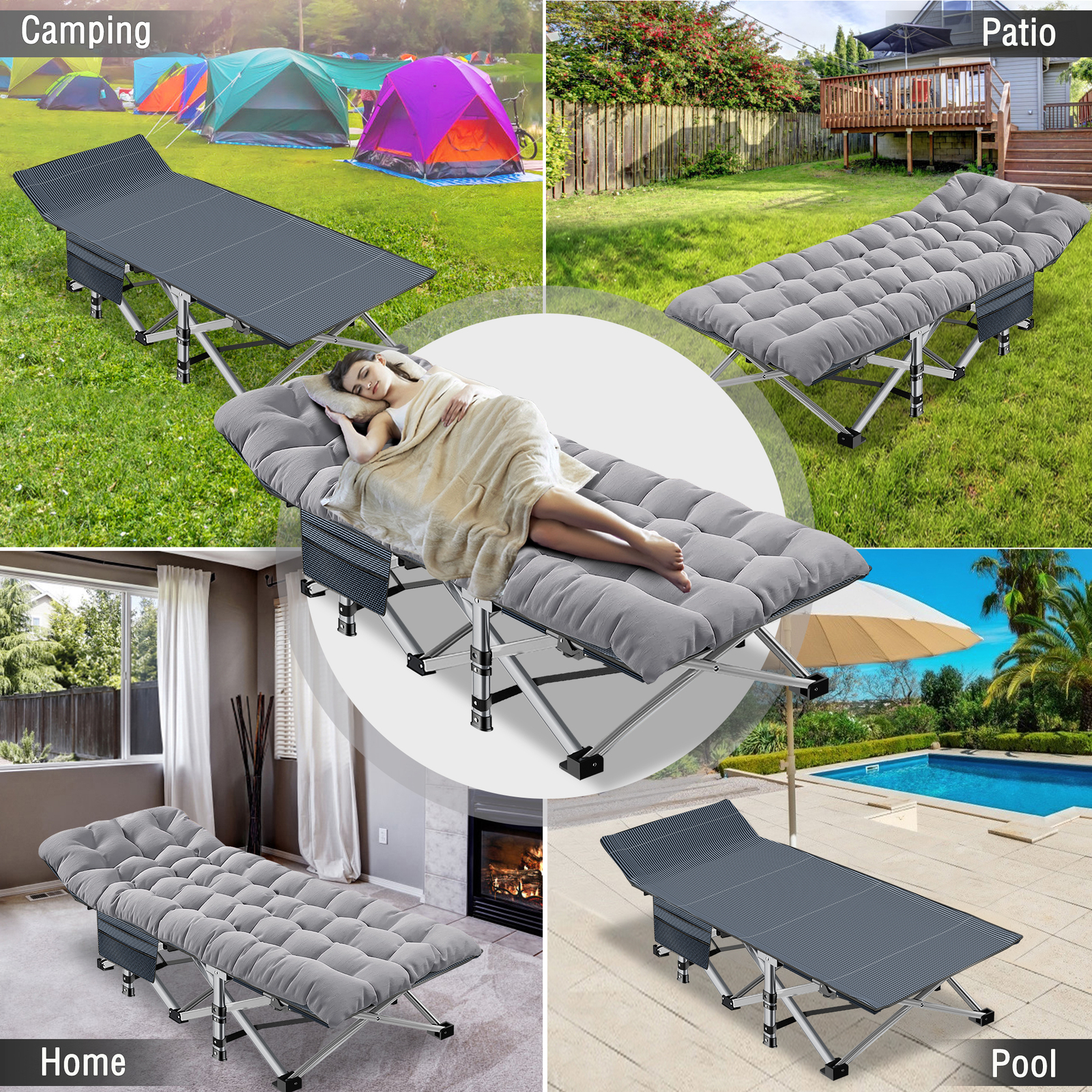 UK Gray Blue Folding Camping Cot For Adult Military Bed With Mattress ...