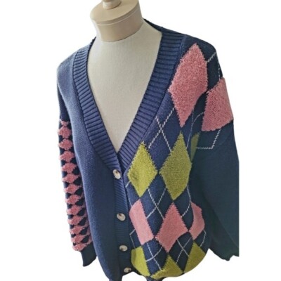 Simply Southern Argyle Button Front Cardigan Navy Pink and Green New ...