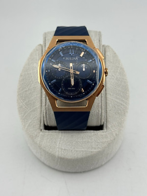 Bulova Curv Marc Anthony Blue Rubber Quartz Chrono Watch 97A185 Brand ...