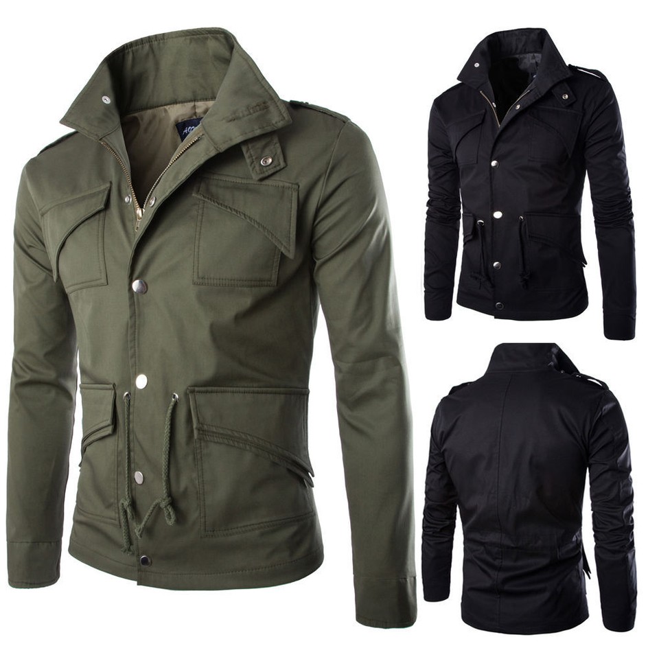 Mens Slim Fit Military Style Jacket Stand Collar Coat Hoody Overcoat ...