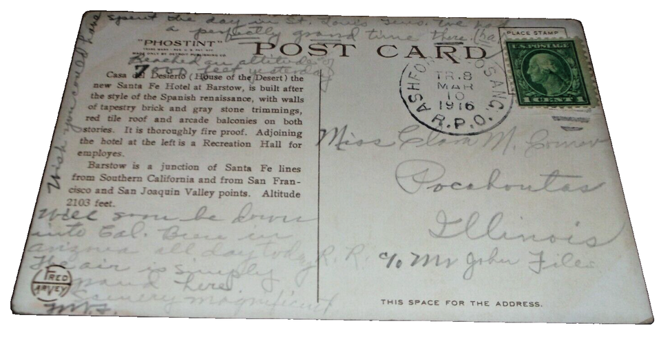 MARCH 1916 FRED HARVEY ATSF SANTA FE DESIERTO HOTEL BARSTOW CA RPO POST ...