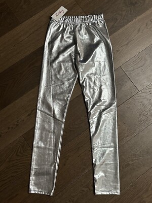 NEW! Sz S/M SHINY SILVER PANTS Slacks Women Elastic Waist pull on Small ...