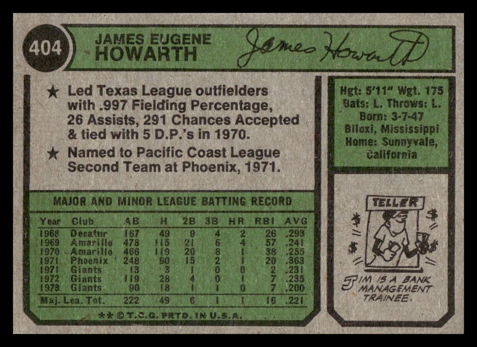 1974 Topps Jim Howarth #404 San Francisco Giants Baseball Card | eBay