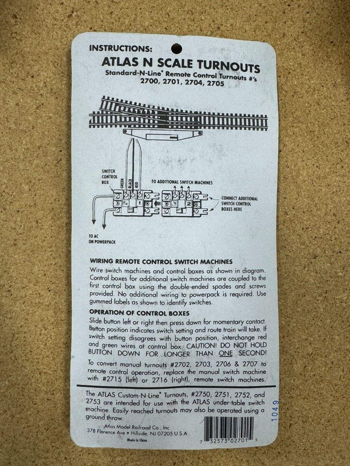 Atlas 2701 N Scale Standard N line switch - right remote NEW track ...