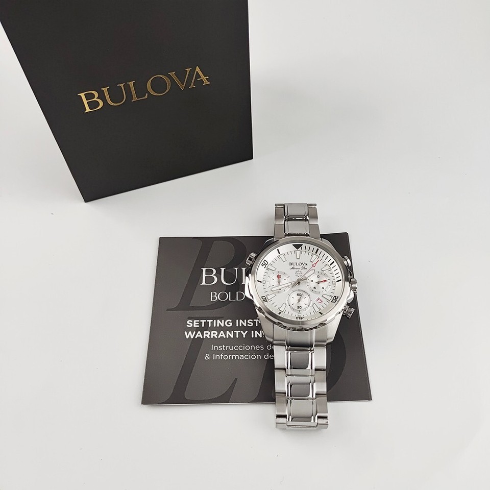 Bulova Men's Marine Star White Dial Quartz Stainless Steel Watch 43mm ...