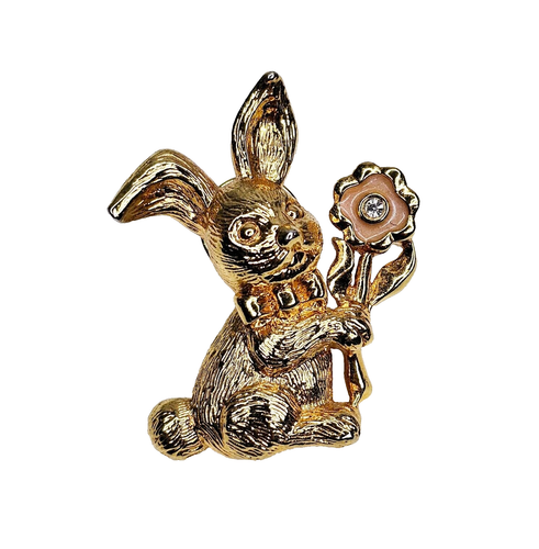 Gold Tone Bunny Rabbit Clear Rhinestone Light Pink Enamel Brooch Pin ...