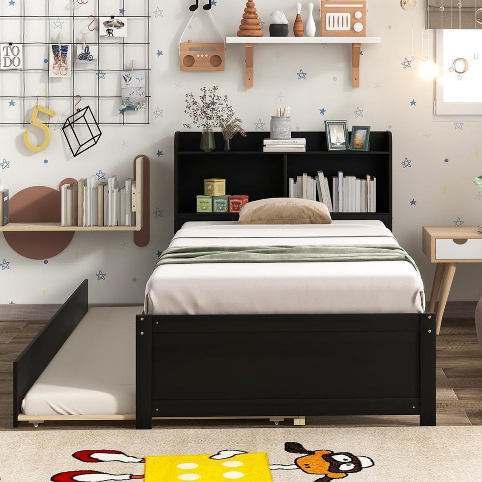 Twin Size Bed Frame with Pull-Out Trundle for Guest and Bookcase ...