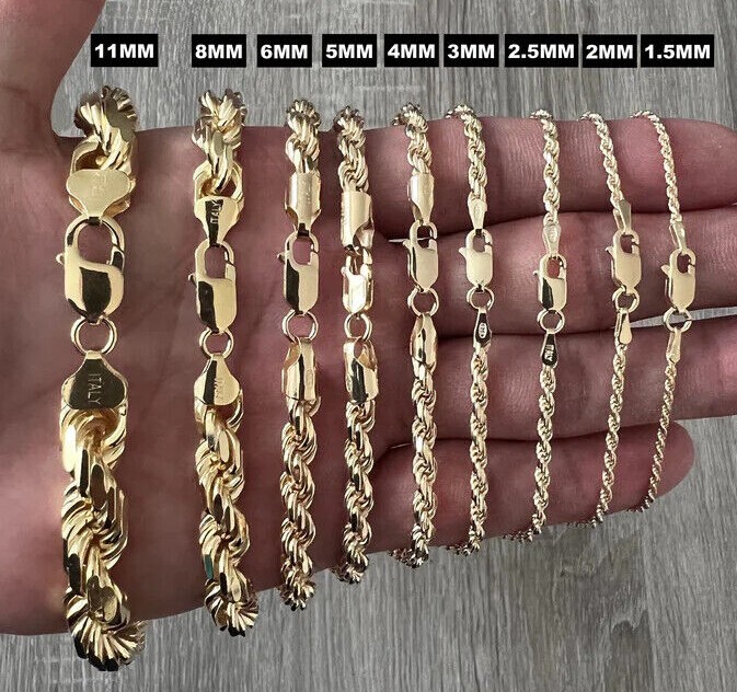 2mm 14K Gold Rope REAL 925 Solid SIlver Chain Bracelet Diamond Cut ...