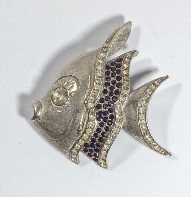 Vtg Brooch Pin Angel Fish Clear Black Rhinestones Pewter Color Signed ...