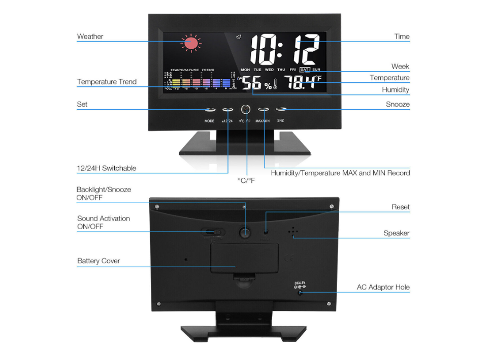 Led Digital Alarm Clock Snooze Calendar Thermometer Hygrometer Weather ...