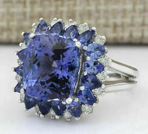3Ct Cushion Cut Tanzanite & Diamond Halo Engagement Ring In 14K White ...