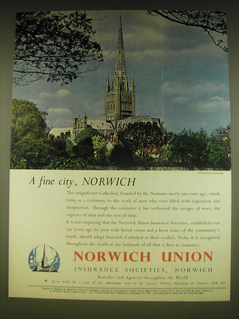 1963 Norwich Union Advertisement - Norwich Cathedral - A fine city ...