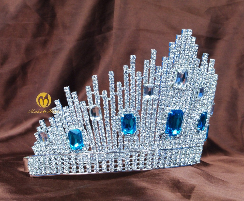 Blue Crystal Miss Pageant Tiara Large Crown Clear Rhinestone Wedding ...