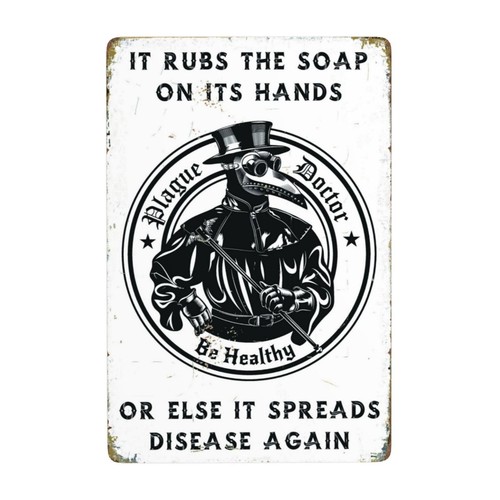 Vintage Metal Tin Sign, Wash Your Hands Sign Plague Doctor Wall Art ...
