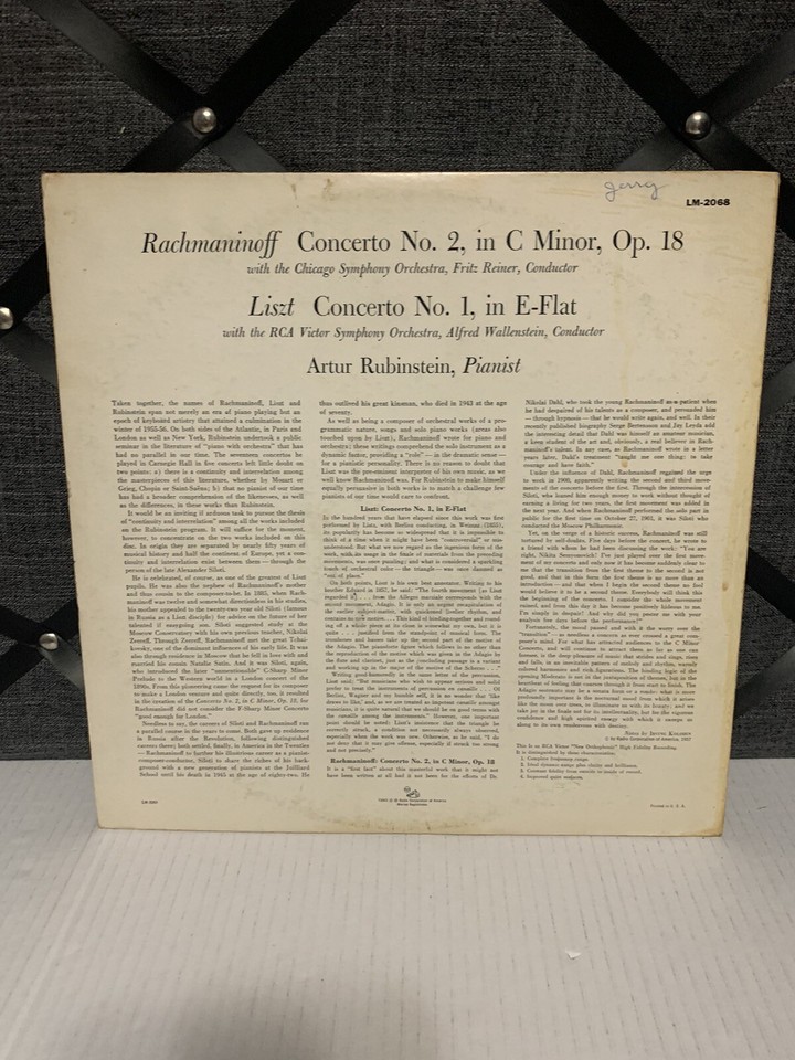 LM-2068 RCA VICTOR, RUBINSTEIN, Rachmaninoff & Liszt, Reiner ...