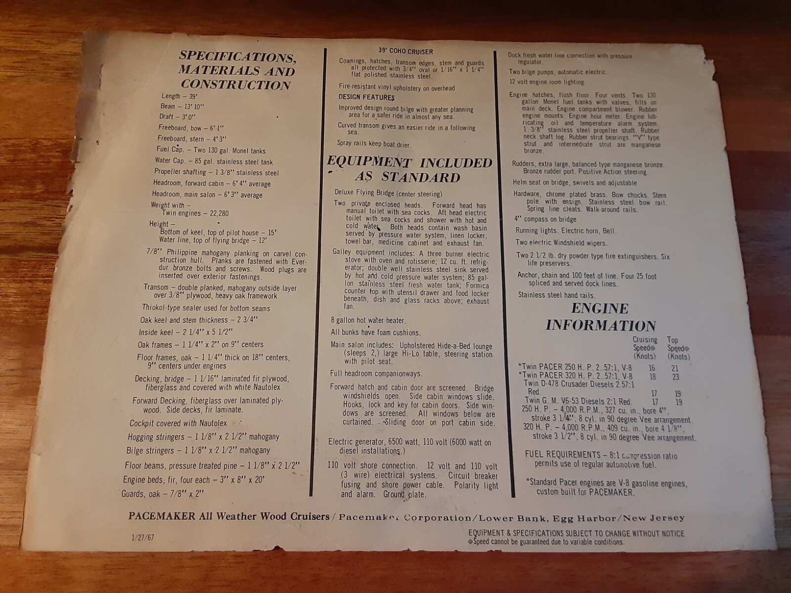 VTG 1967 39' PACEMAKER COHO CRUISER LAYOUT & FULL SPECIFICATIONS AD ...