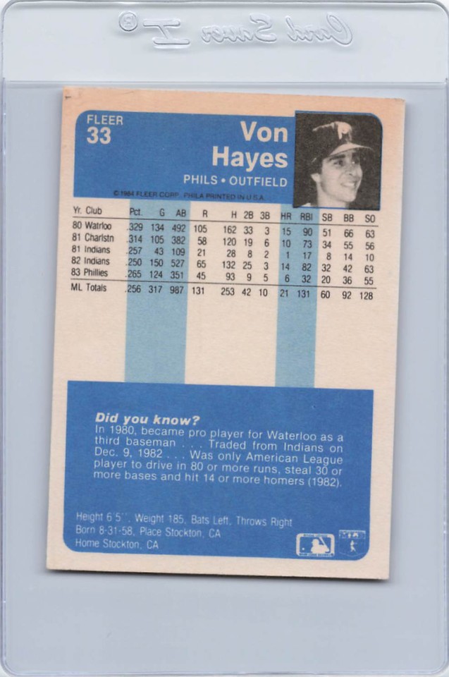 1984 Fleer #33 Von Hayes Phillies Signed Auto *G4513 | eBay