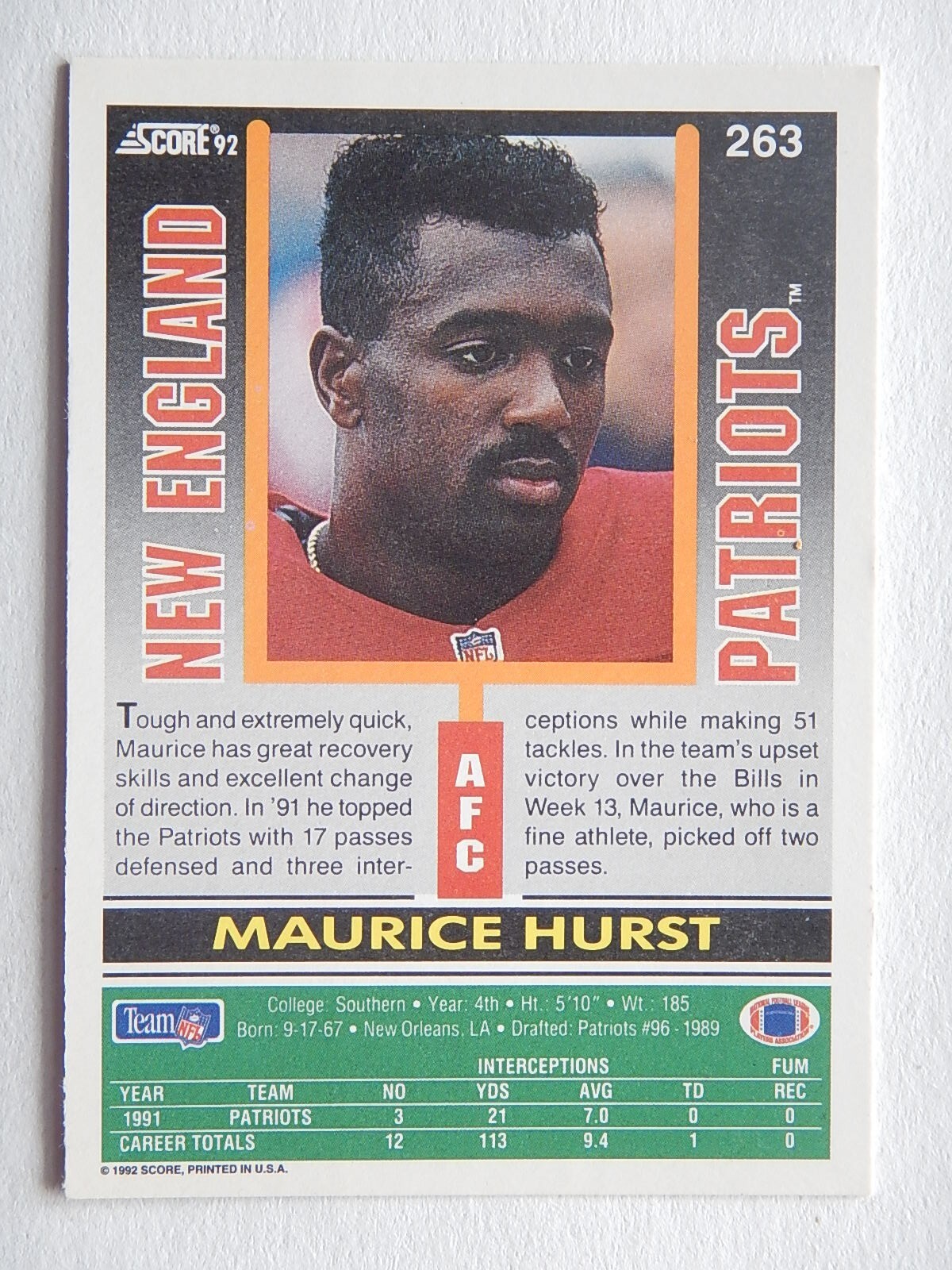 Maurice Hurst #263 Score 1992 Football Card (New England Patriots) VG ...