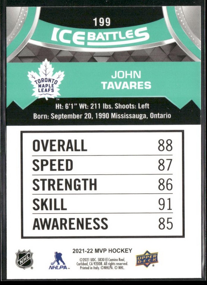 2021-22 Upper Deck MVP #199 John Tavares Toronto Maple Leafs Ice ...