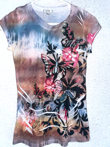 Cache Floral Butterfly Rhinestone Top Bling S Women's Short Sleeve T ...