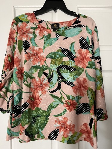JM Collection Womens Top Textured 3/4 Sleeve Floral Petite Large Blouse ...