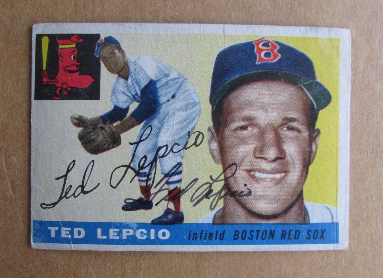 1955 TOPPS BASEBALL TED LEPCIO #128 SIGNED AUTOGRAPHED CARD BOSTON RED ...