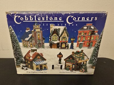 Cobblestone Corners 10 Pc Lighted Christmas Village Set Complete 1991 ...