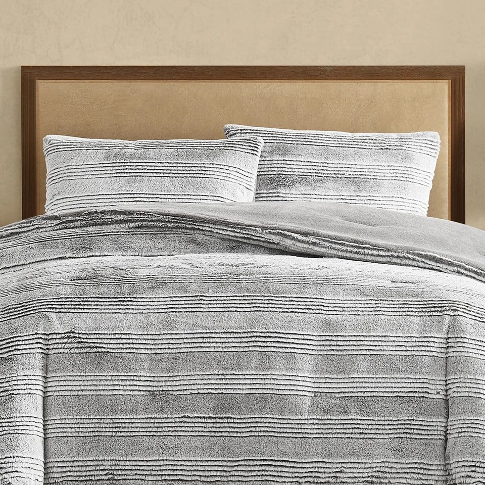 FRYE Faux Fur Carved Luxury Comforter 3 Piece King Set, Reversible Gray ...