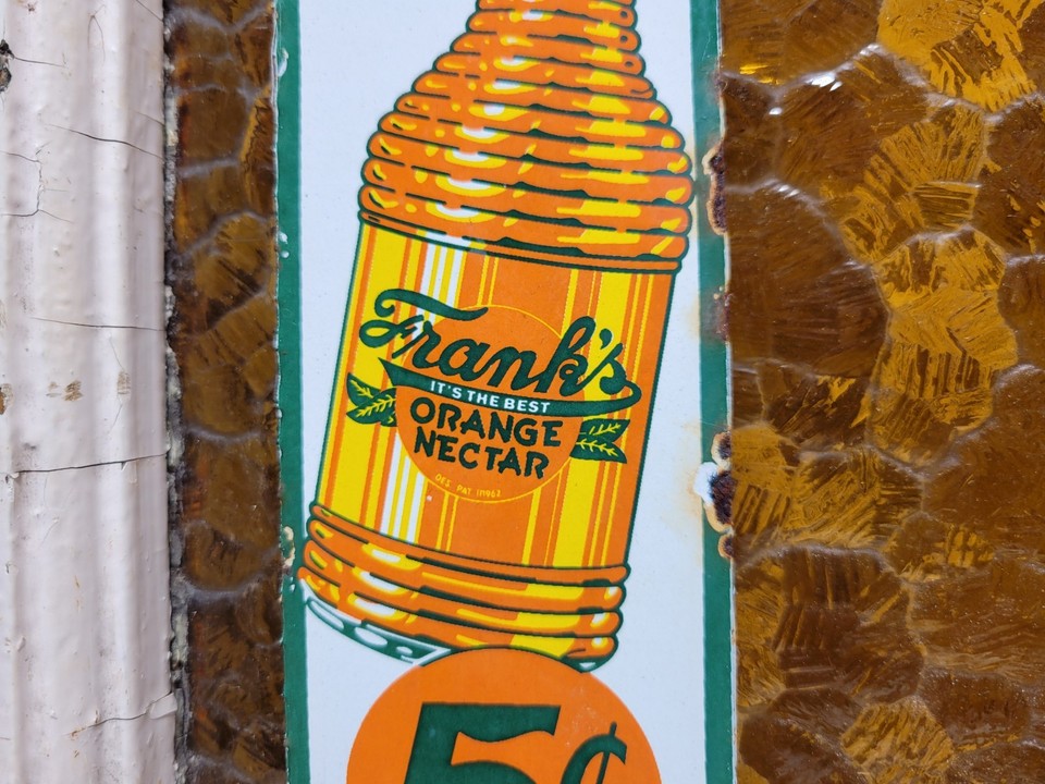 VINTAGE FRANKS ORANGE NECTAR PORCELAIN SIGN BEVERAGE SODA JUICE BOTTLED ...
