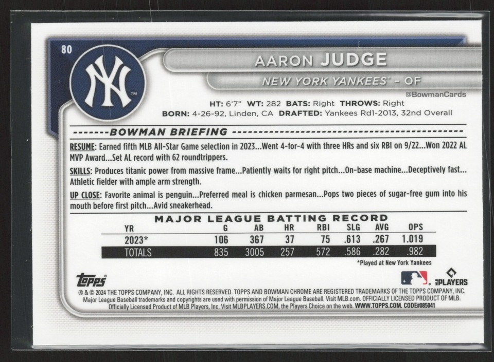 2024 BOWMAN CHROME AARON JUDGE PINK REFRACTOR #D 022/299 | eBay