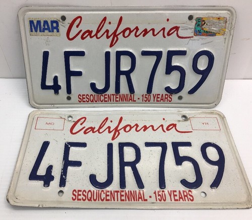 PAIR VINTAGE CALIFORNIA LICENSE PLATE Red/white & BLUE LETTERS~4FJR759 ...