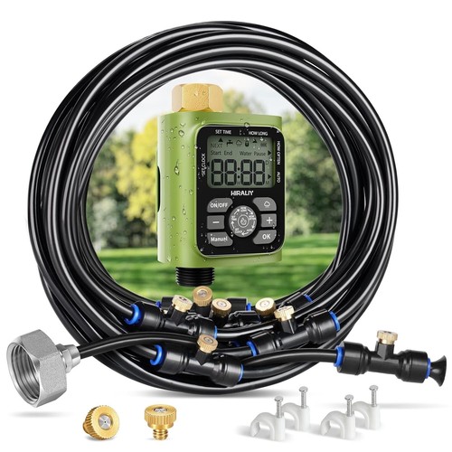 Misting Cooling System with Timer, 26FT Misting Hose+10 Brass Nozzles+3 ...