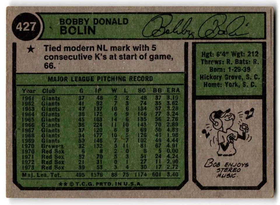 1974 Topps Bobby Bolin Boston Red Sox #427 | eBay