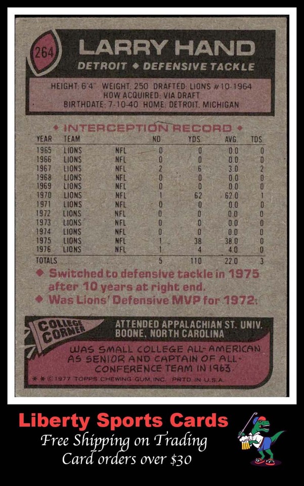 1977 Topps Larry Hand #264 Authentic Autographed Card Detroit Lions | eBay