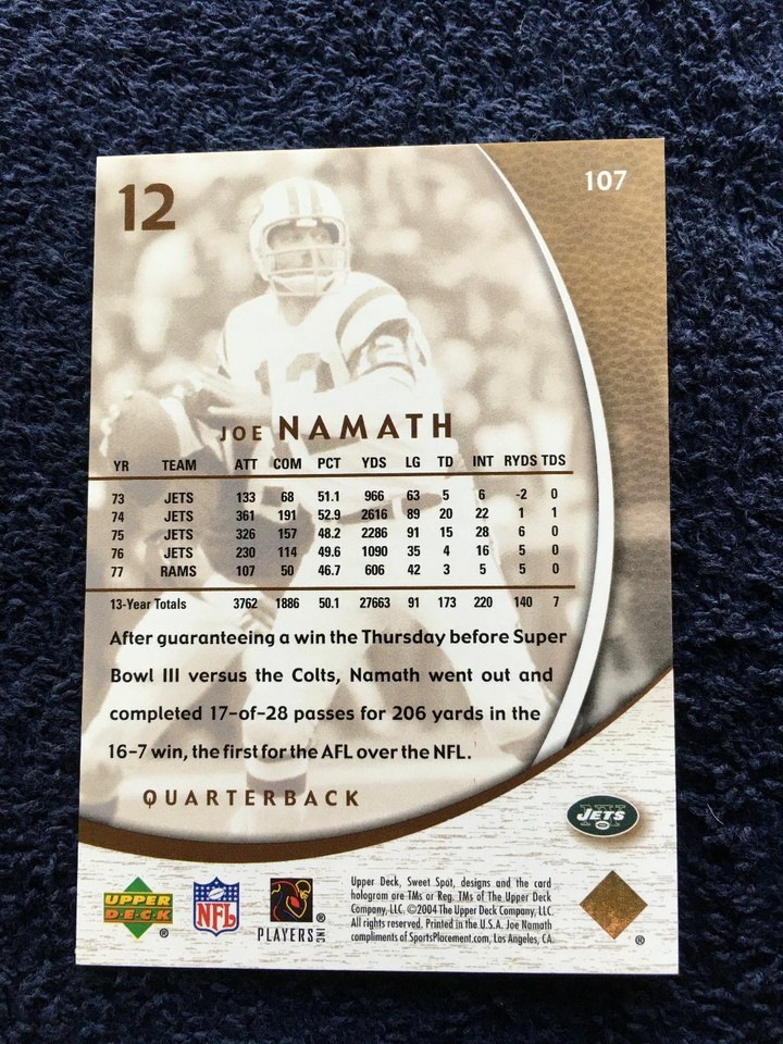 Joe Namath #107 - 2004 Upper Deck Sweet Spot Football - Base Gold /50 ...