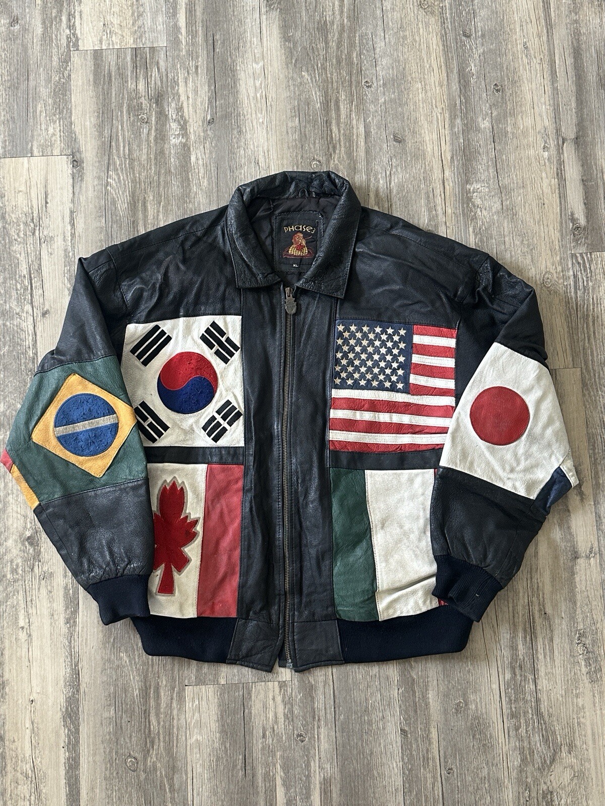 Vintage Phase 3 World Flags AOP Leather Jacket Sz XL … - Gem
