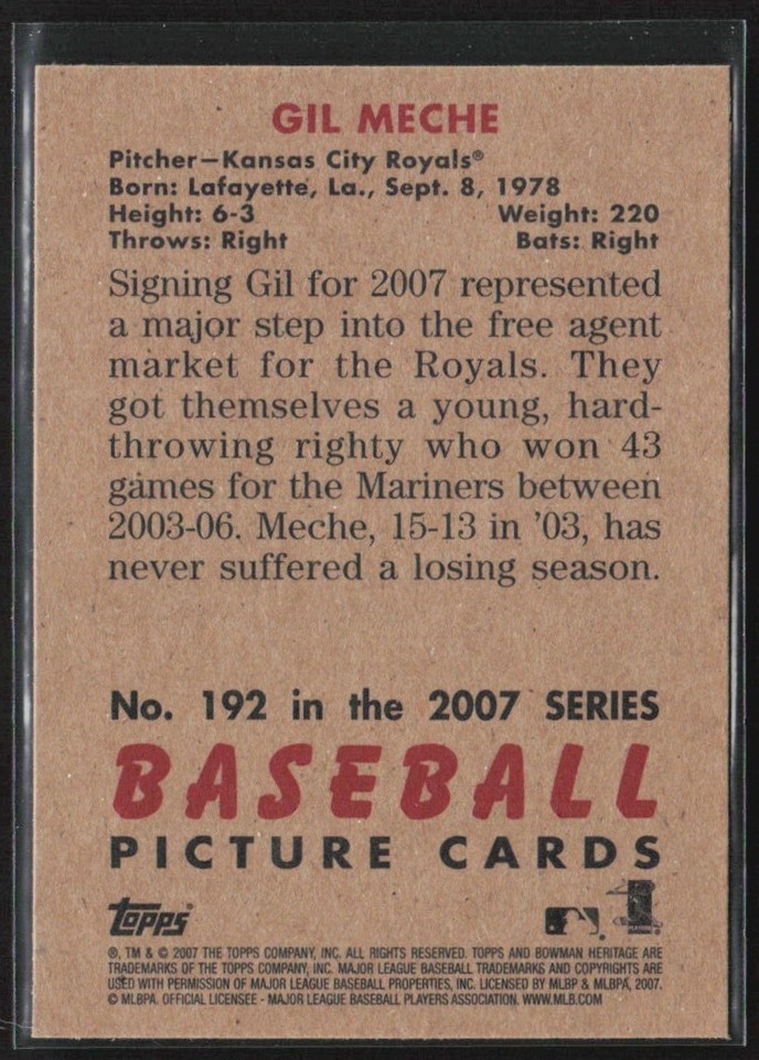 Gil Meche 2007 Bowman Heritage Missing No Signature #192 Kansas City ...