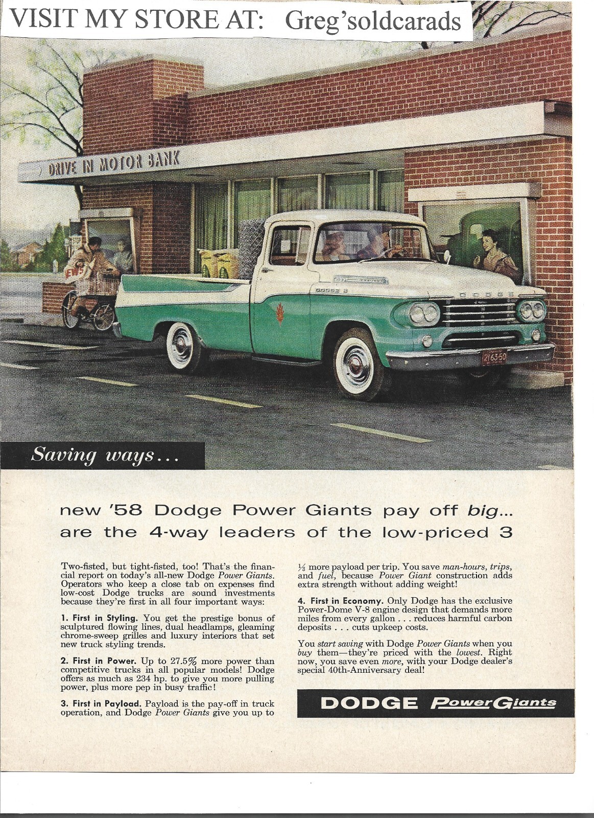 Original 1958 Dodge Pickup Vintage Print Ad: "Power Giants pay off big ...