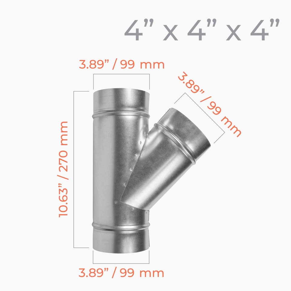 45° Degree Ø4 x 4 x 4 Inch Wye-Shape Duct Splitter - Metal 3 Way ...
