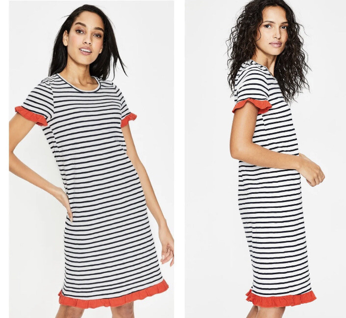 Boden EMILY Black White Stripe T-Shirt Dress Red Ruff… - Gem