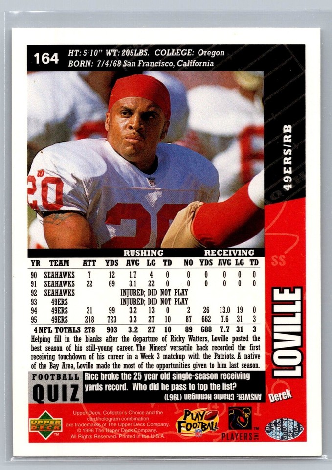 1996 Upper Deck Collector's Choice Card #164 Derek Loville - San Francisco 49ers | eBay