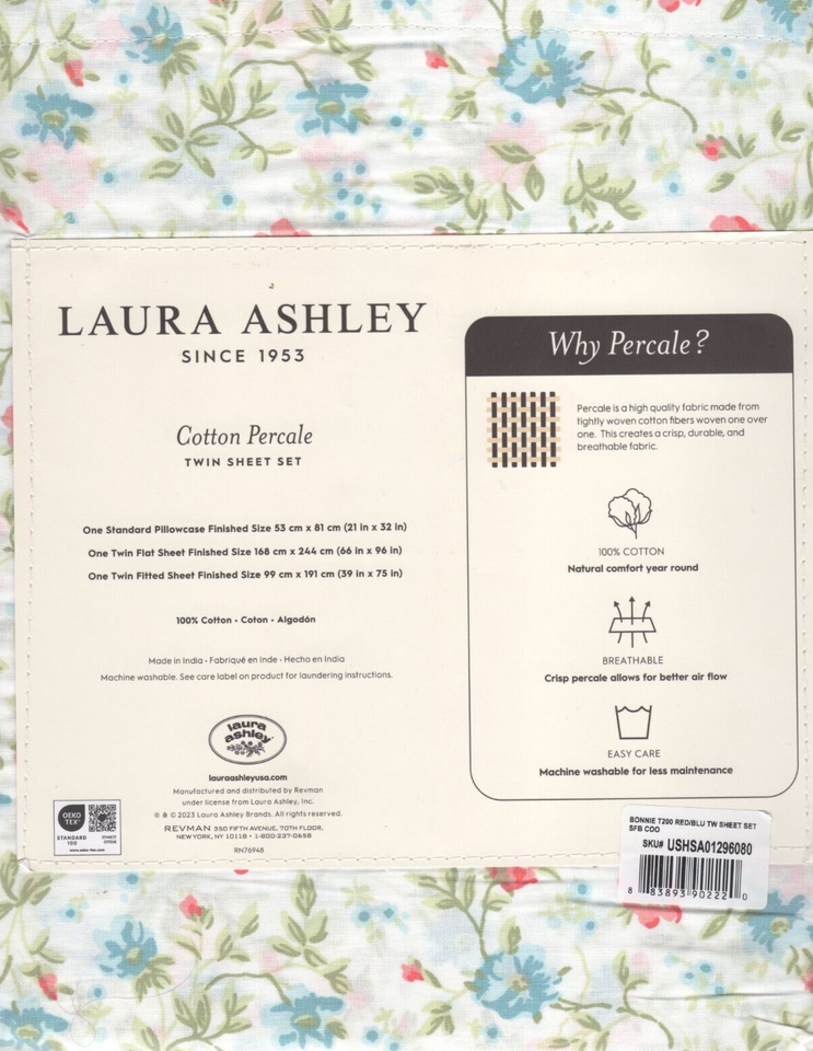 Laura Ashley Twin Sheet Set Bonnie Floral Red 3pc Blue Green | eBay