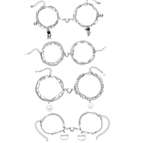 2PCS Couple Magnetic Matching Heart Smile Stainless Steel Bracelet Set ...